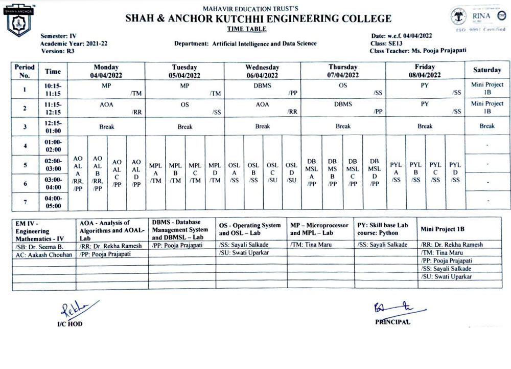 ADS – Time Table - Shah & Anchor Kutchhi Engineering College