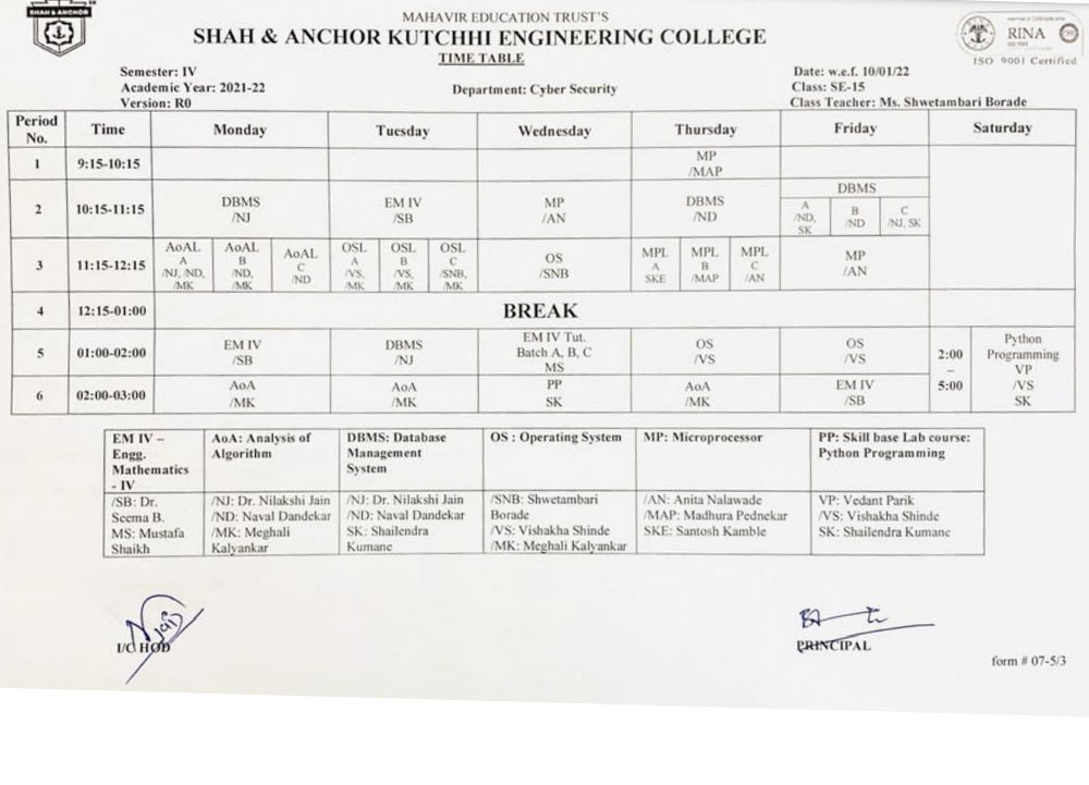 CYSE – Time Table - Shah & Anchor Kutchhi Engineering College